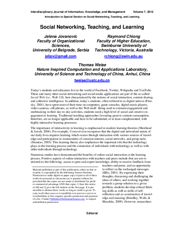 (PDF) Social Networking, Teaching, and Learning