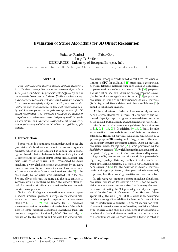 (PDF) Evaluation of stereo algorithms for 3D object recognition