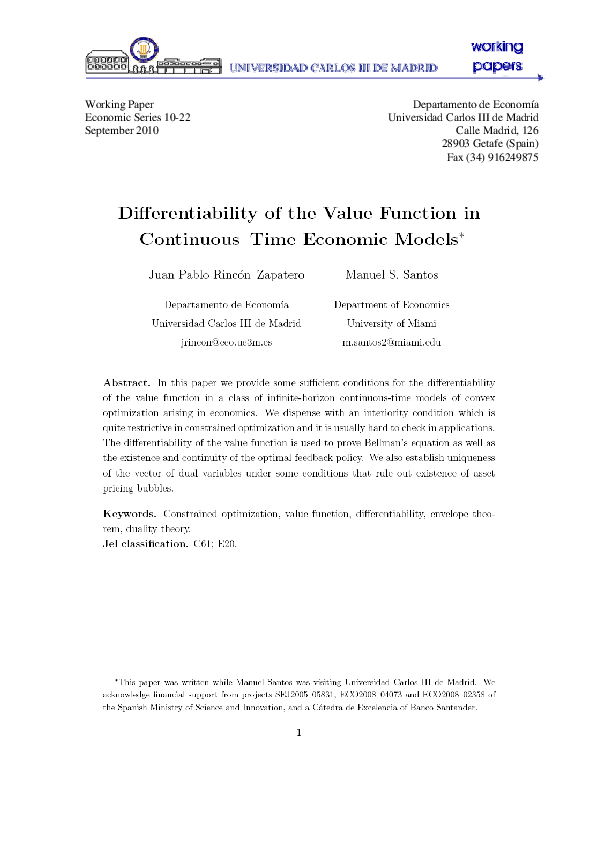 (PDF) Differentiability of the value function in continuous-time economic models