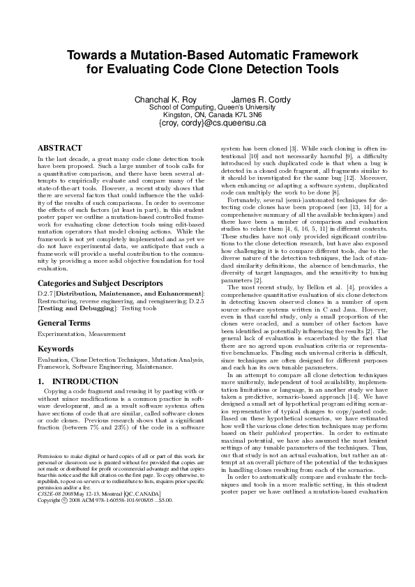(PDF) Towards a mutation-based automatic framework for evaluating code clone detection tools