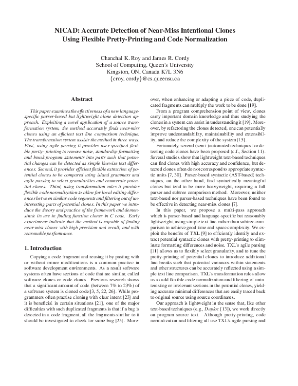 (PDF) NICAD: Accurate detection of near-miss intentional clones using ...