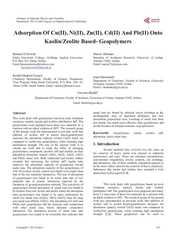 (PDF) Adsorption Of Cu (II), Ni (II), Zn (II), Cd (II) And Pb (II) Onto Kaolin/Zeolite Based ...