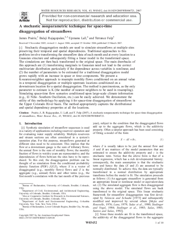 A stochastic nonparametric technique for space-time disaggregation of streamflows