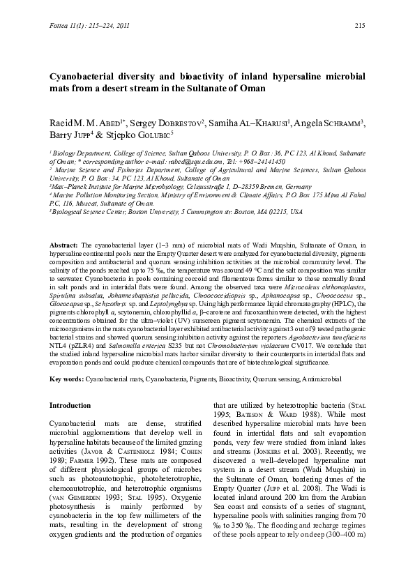 (PDF) Cyanobacterial diversity and bioactivity of inland hypersaline microbial mats from a ...