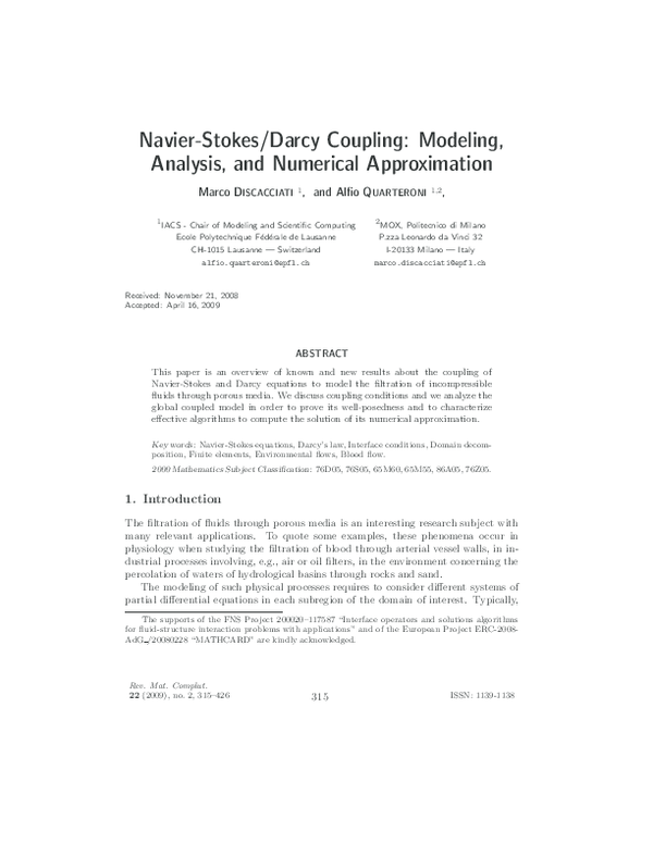 Pdf Navier Stokesdarcy Coupling Modeling Analysis And Numerical Approximation Alfio