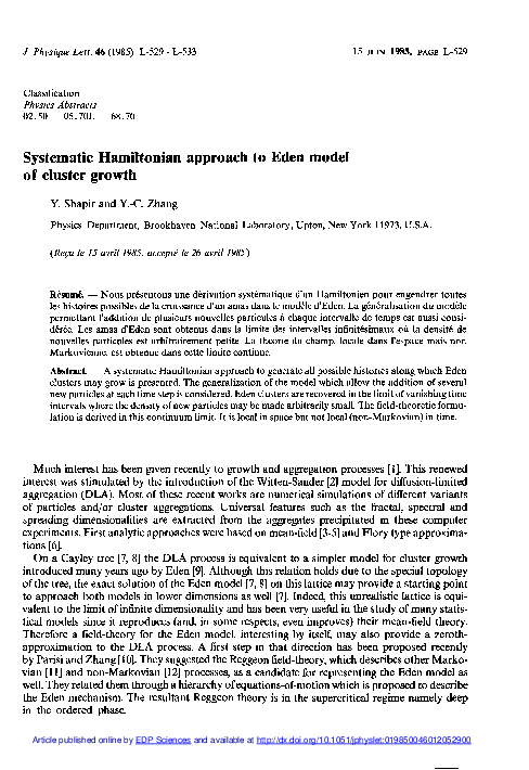 (PDF) Systematic Hamiltonian approach to Eden model of cluster growth