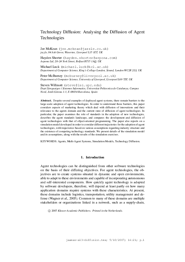 (PDF) Technology diffusion: analysing the diffusion of agent technologies