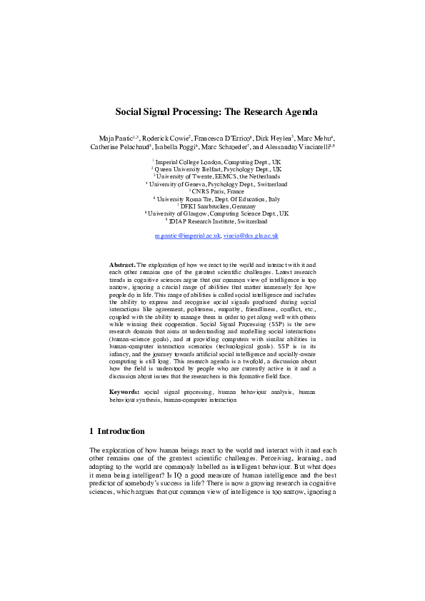 (PDF) Social Signal Processing: The Research Agenda