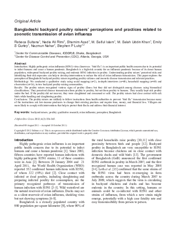 (PDF) Bangladeshi backyard poultry raisers’ perceptions and practices related to zoonotic ...