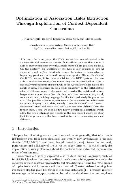 Pdf Optimization Of Association Rules Extraction Through Exploitation Of Context Dependent