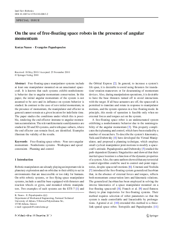 Pdf On The Use Of Free Floating Space Robots In The Presence Of Angular Momentum