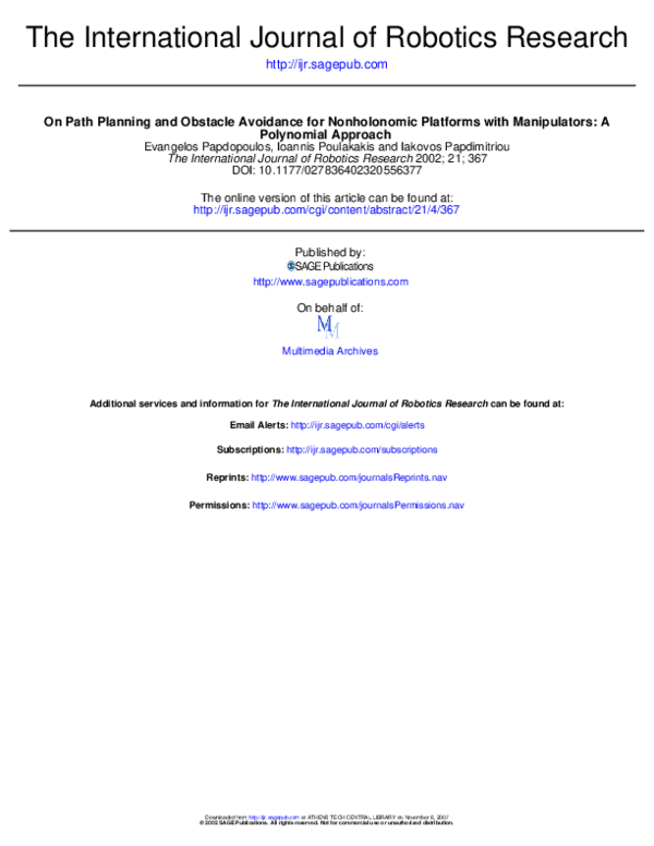 (PDF) On path planning and obstacle avoidance for nonholonomic platforms with manipulators: A ...