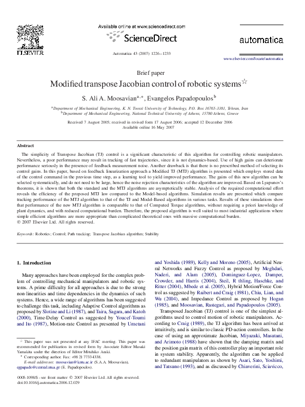 (PDF) Modified transpose Jacobian control of robotic systems
