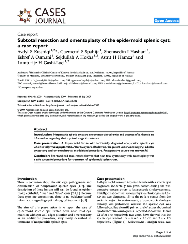 (PDF) Subtotal resection and omentoplasty of the epidermoid splenic ...