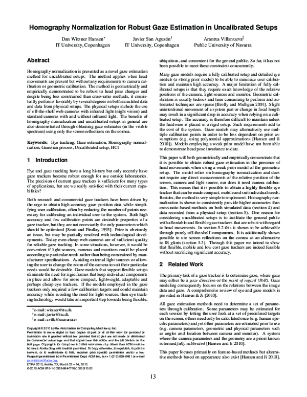 (PDF) Homography normalization for robust gaze estimation in uncalibrated setups