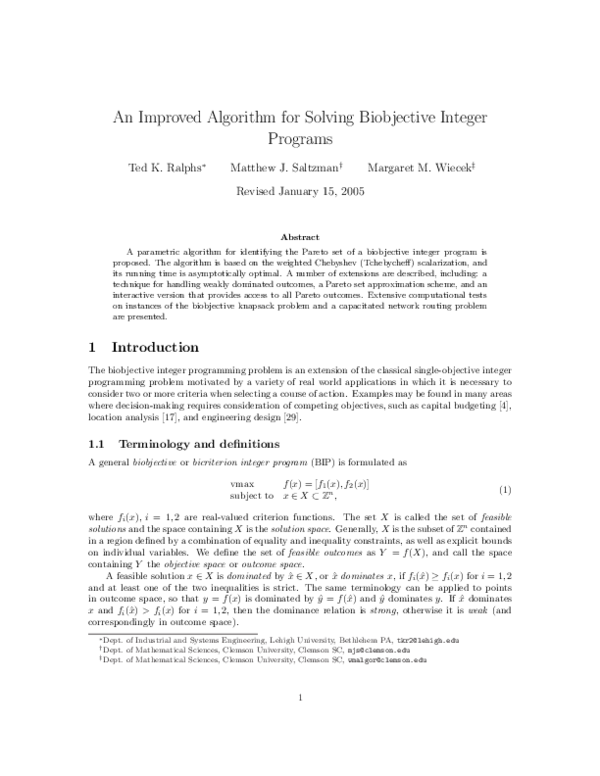 Pdf An Improved Algorithm For Solving Biobjective Integer Programs 6432