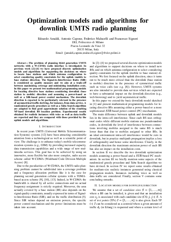 (PDF) Optimization models and algorithms for downlink UMTS radio planning