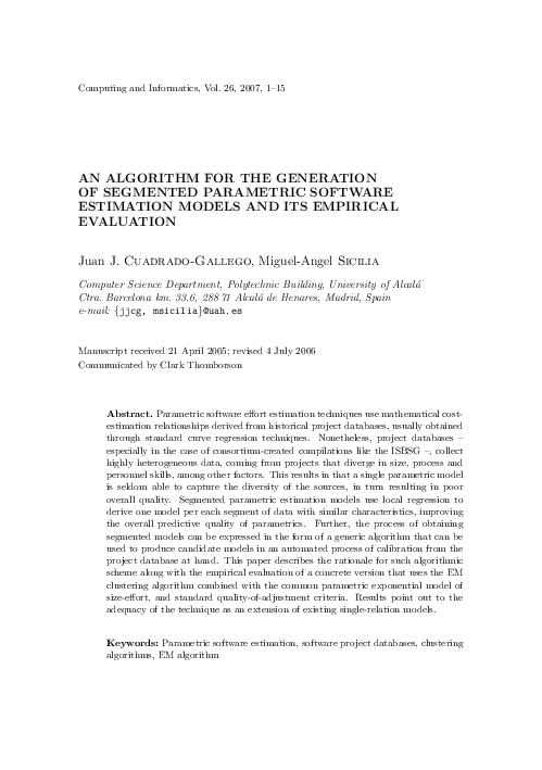 (PDF) An. algorithm for the generation of segmented parametric software estimation models and ...