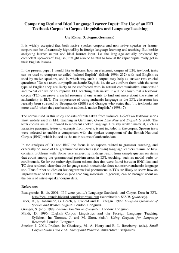 (PDF) Comparing real and ideal language learner input: the use of an EFL textbook corpus in ...