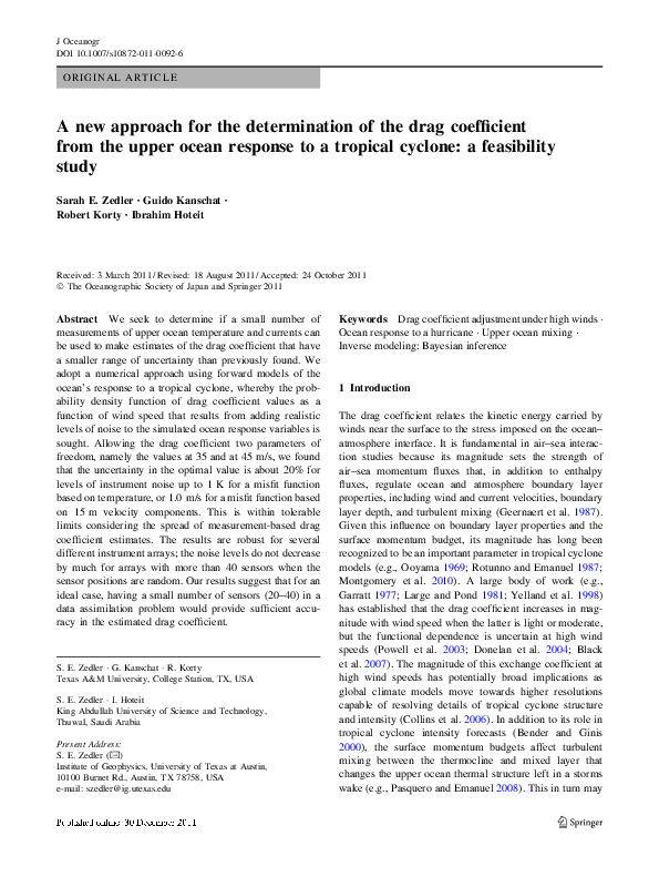 Pdf A New Approach For The Determination Of The Drag Coefficient From The Upper Ocean Response