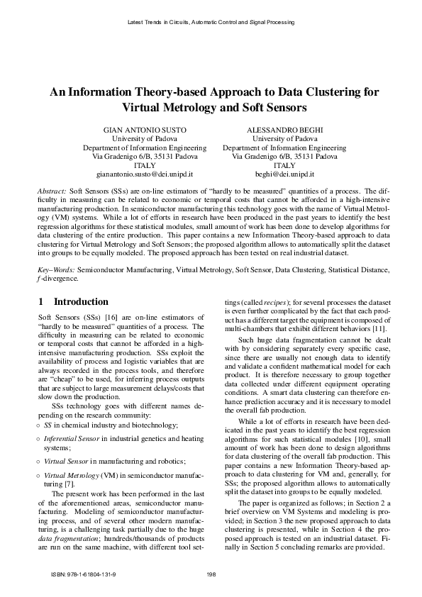 (PDF) An Information Theory-based Approach to Data Clustering for Virtual Metrology and Soft Sensors