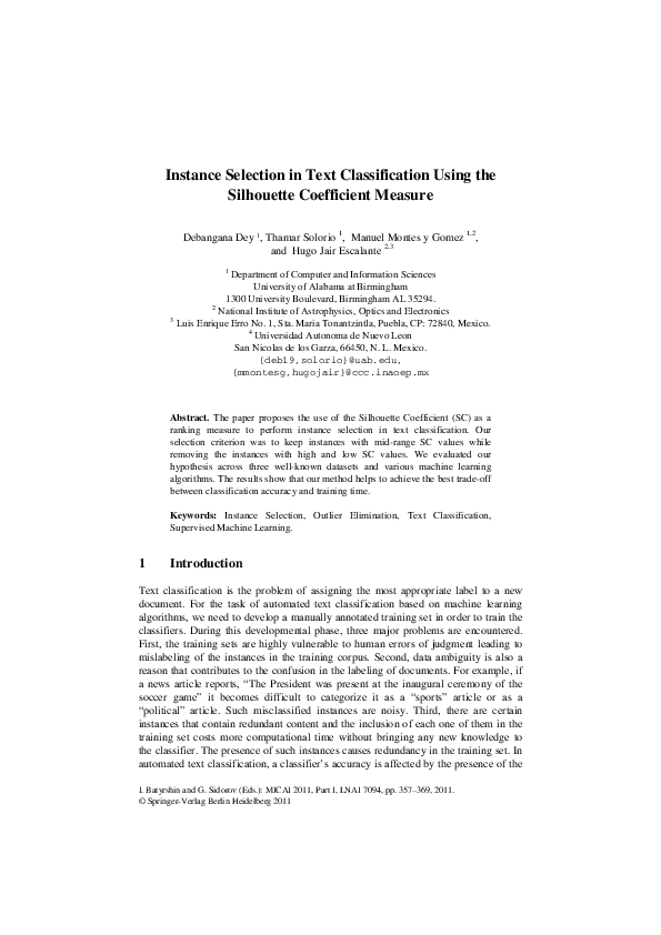 Pdf Instance Selection In Text Classification Using The Silhouette