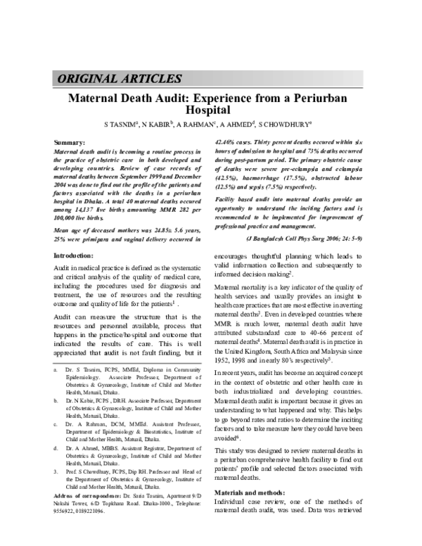 (PDF) Maternal Death Audit: Experience from a Periurban Hospital
