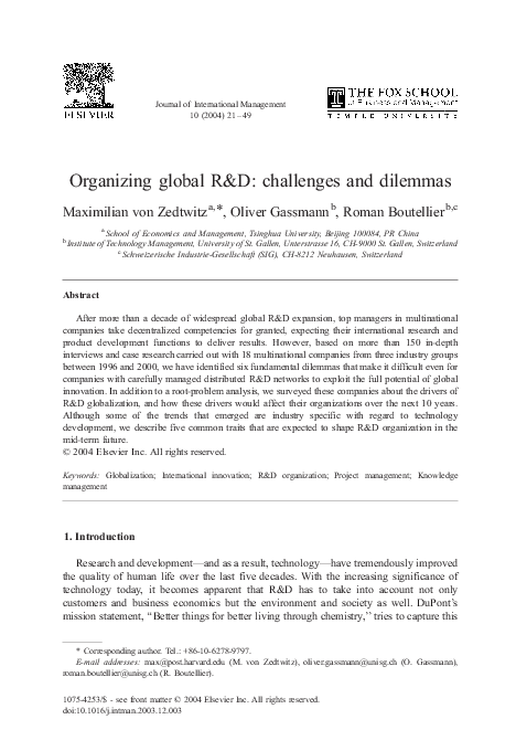 (PDF) Organizing global R&D: challenges and dilemmas