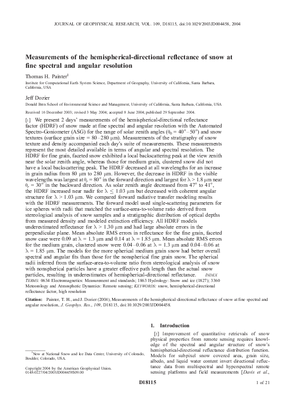 (PDF) Measurements of the hemispherical-directional reflectance of snow ...