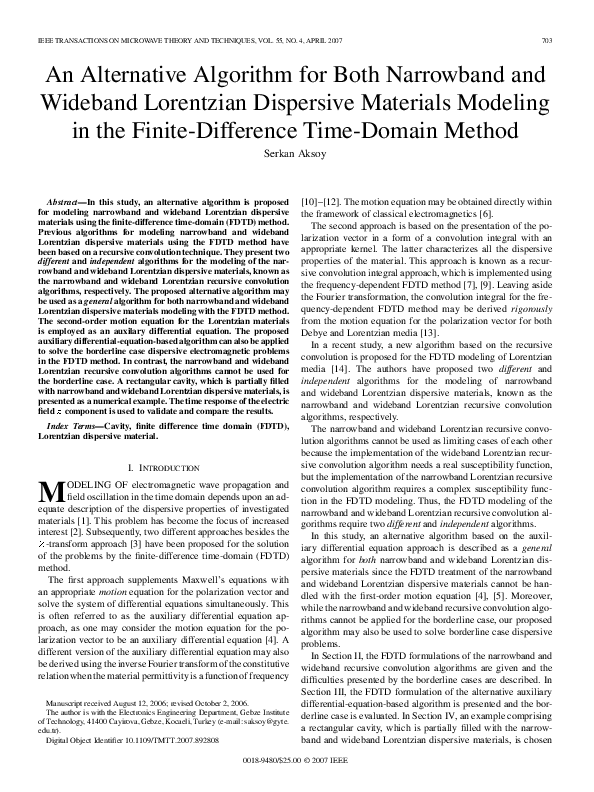 (PDF) An alternative algorithm for both narrowband and wideband Lorentzian dispersive materials ...
