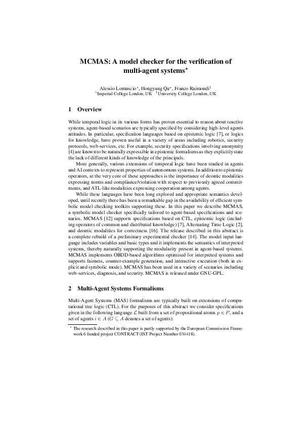 (PDF) MCMAS: A model checker for the verification of multi-agent systems