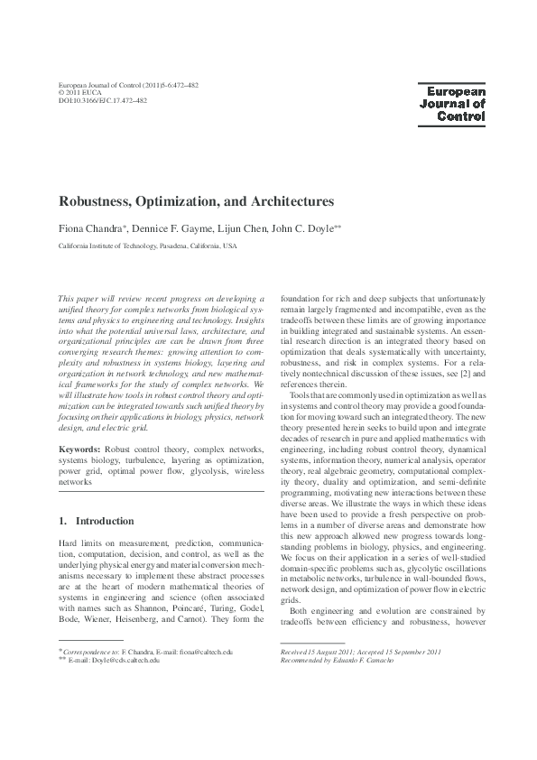(PDF) Robustness, Optimization, and Architectures | Dennice Gayme ...