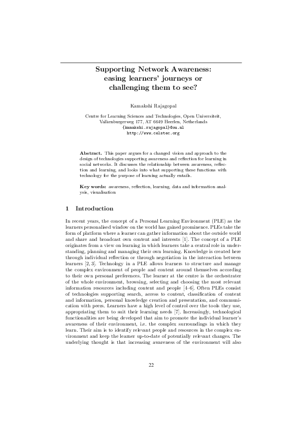 (PDF) Supporting Network Awareness: easing learners’ journeys or ...