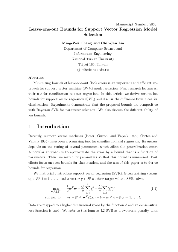 (PDF) Leave-one-out bounds for support vector regression model selection