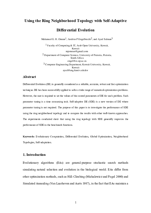 (PDF) Using the ring neighborhood topology with self-adaptive differential evolution
