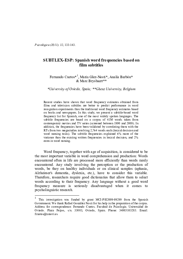 (PDF) SUBTLEX-ESP: Spanish word frequencies based on film subtitles