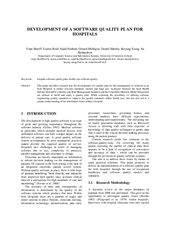 (PDF) Development of a software quality plan for hospitals
