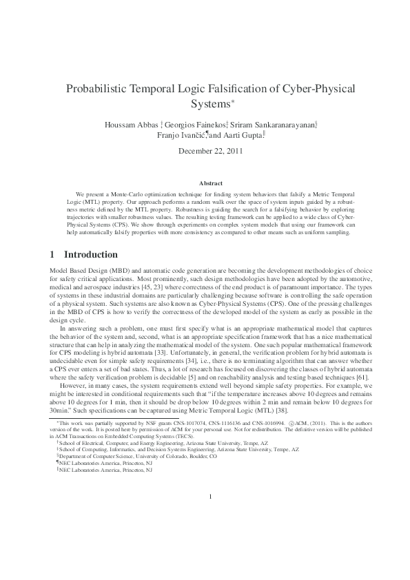 (PDF) Probabilistic Temporal Logic Falsification of Cyber-Physical Systems