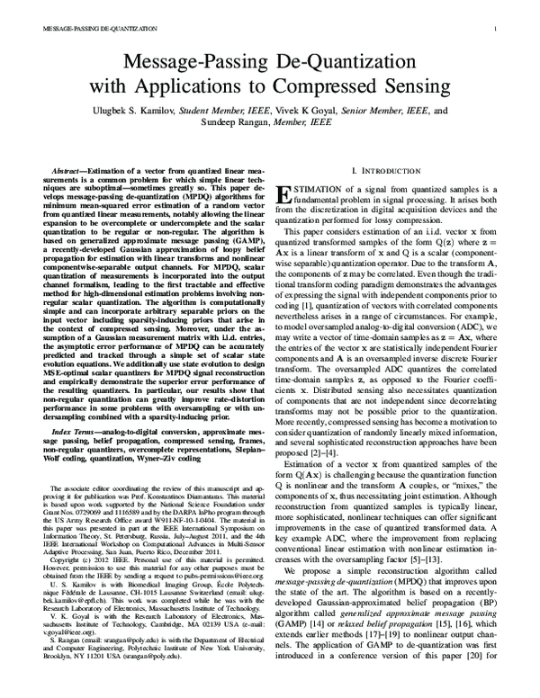 (PDF) Message-Passing De-Quantization with Applications to Compressed Sensing