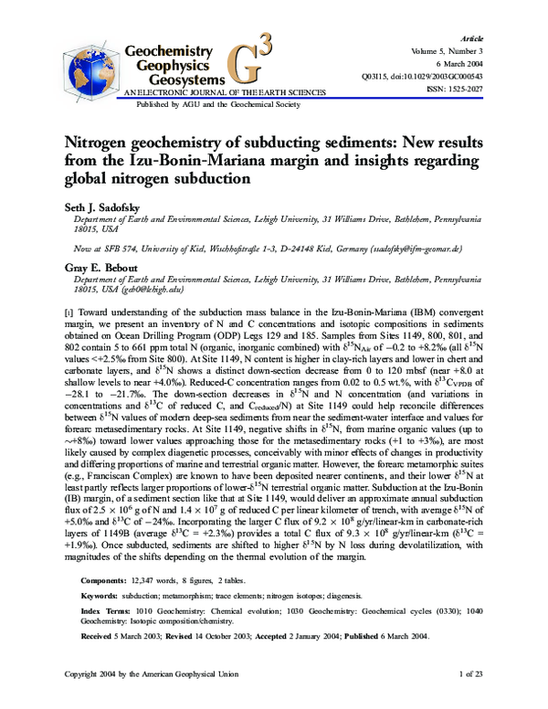 (PDF) Nitrogen geochemistry of subducting sediments: New results from ...