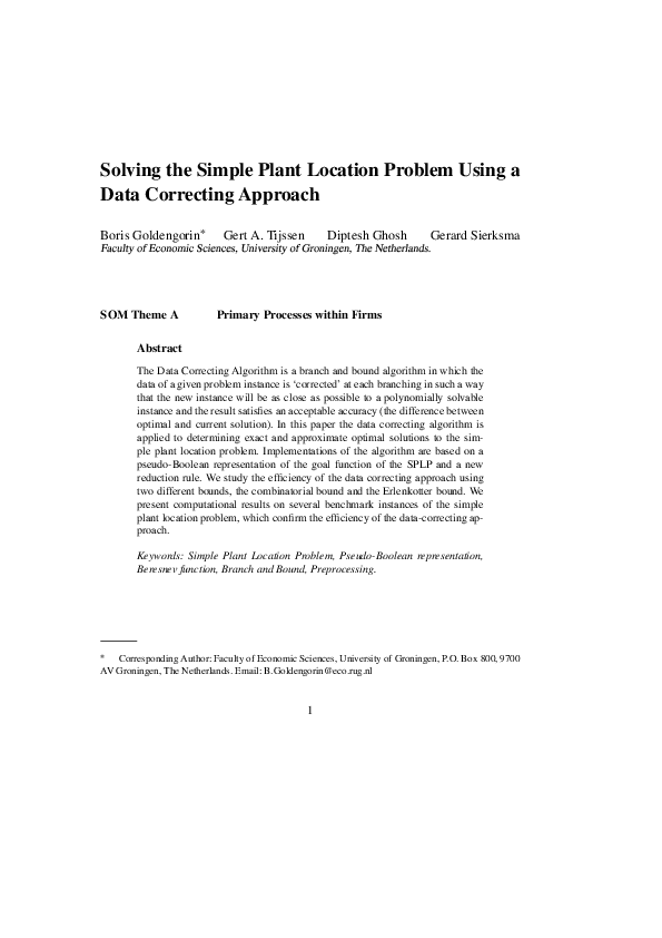 Pdf Solving The Simple Plant Location Problem Using A Data Correcting Approach