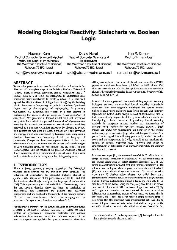 (PDF) Modeling biological reactivity: Statecharts vs. boolean logic | David Harel - Academia.edu