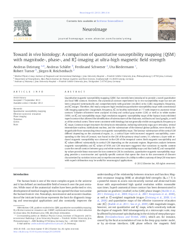 (PDF) Toward in vivo histology: A comparison of Quantitative Susceptibility Mapping (QSM) with ...