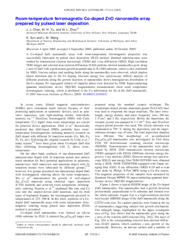 (PDF) Room-temperature ferromagnetic Co-doped ZnO nanoneedle array prepared by pulsed laser ...