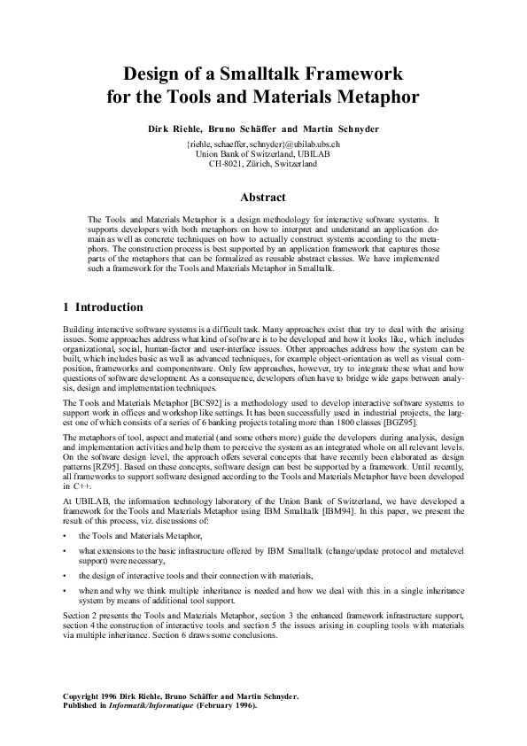 (PDF) Design of a Smalltalk Framework for the Tools and Materials Metaphor