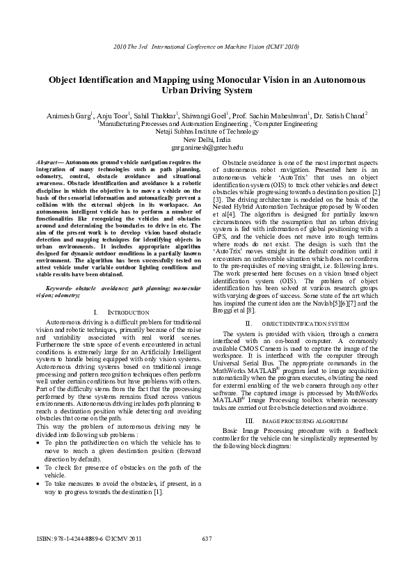 (PDF) Object Identification and Mapping using Monocular Vision in an Autonomous Urban Driving System