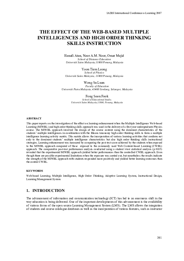 (PDF) THE EFFECT OF THE WEB-BASED MULTIPLE INTELLIGENCES AND HIGH ORDER THINKING SKILLS INSTRUCTION