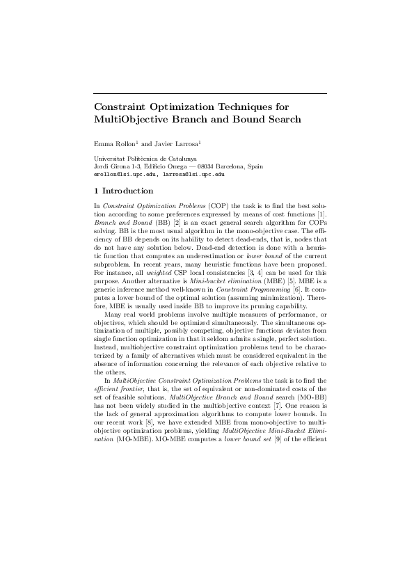 Pdf Constraint Optimization Techniques For Multiobjective Branch And Bound Search Javier 