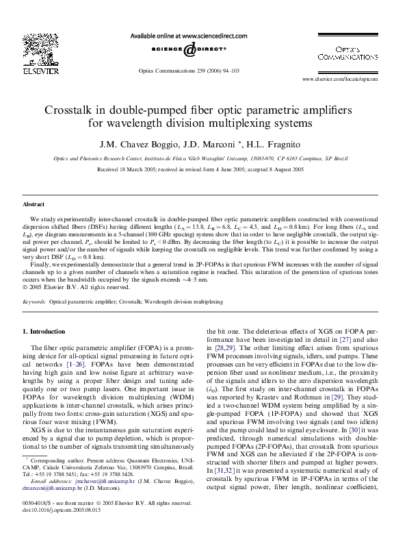 (PDF) Crosstalk in double-pumped fiber optic parametric amplifiers for wavelength division ...
