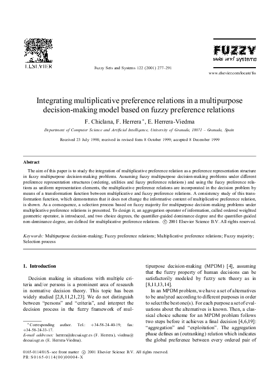 Pdf Integrating Multiplicative Preference Relations In A Multipurpose Decision Making Model